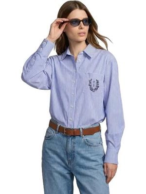 The Shirt By Rochelle Behrens Crest Boyfriend Shirt - Blue Stripe