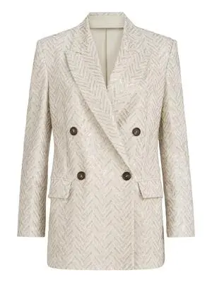 Brunello Cucinelli Linen Chevron Double-breasted Blazer - Beige