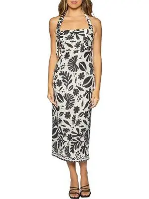LOST + WANDER Tropical Print Halter Midi Dress - Off-white-black