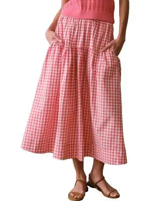 Marine Layer Gia Poplin Tiered Maxi Skirt - Cherry Gingham