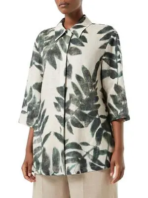 Marina Rinaldi Abetaia Leaf Print Linen Jacket - Olive Green