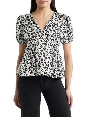Loveappella Animal Print Wrap Top - Beige/black