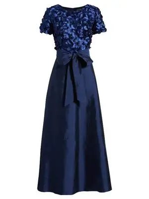 Pisarro Nights 3d Beaded Paillette Bodice Taffeta Gown - Navy