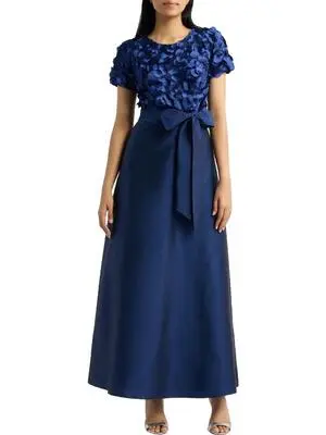 Pisarro Nights 3D Beaded Paillette Bodice Taffeta Gown Navy
