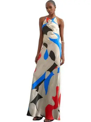 Topshop Cowl Halter Neck Open Back Maxi Dress - White Multi