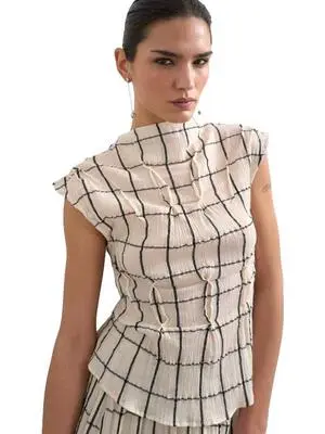 Topshop Pintuck Crinkle Funnel Neck Top - Stone