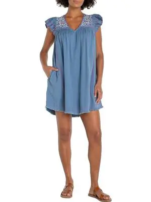 LIVERPOOL Embroidered Flutter Sleeve Denim Dress - Slate Blue W Em