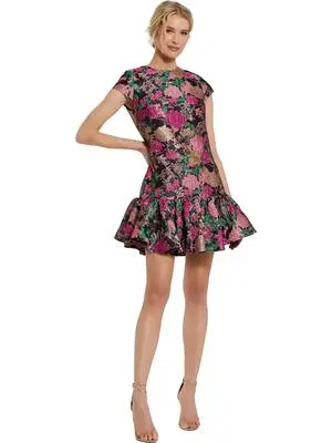 Mac Duggal Brocade Mini Dress With Ruffle Hem - Black Multi