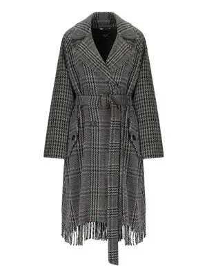 Max Mara Checked Fringed Coat - Grey