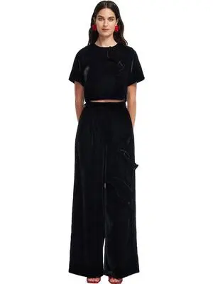 LEO LIN Velvet Appliqué Crop Top - Ebony