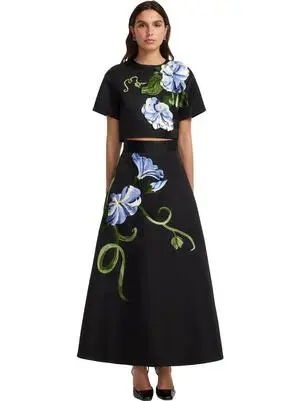 LEO LIN Indie Sleeve Top With Floral Appliqu - Vine Print In Ebony