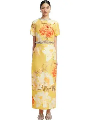 LEO LIN Embellished Sleeve Crop Top - Peony Print In Yellow