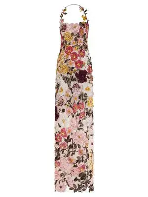 Oscar De La Renta Beaded Mixed Botanical Embroidered Halter Gown - Multi