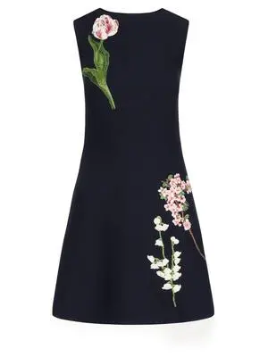 Oscar De La Renta Mixed Botanical Embroidered Dress - Navy