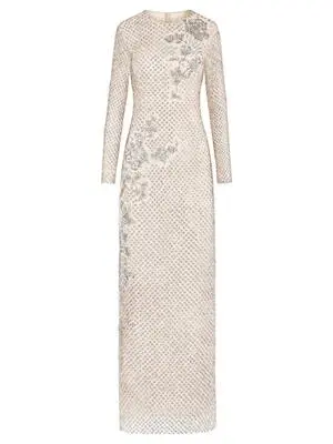 Oscar De La Renta Crystal Grid Floral Embroidered Gown - Silver