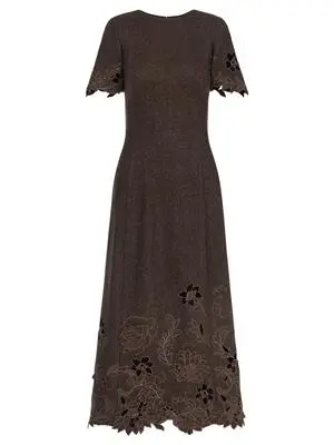 Oscar De La Renta Peony Cutout Twill Herringbone Midi Dress - Brown