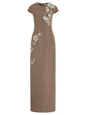 Oscar De La Renta Crystal Grid Floral Embroidered Short Sleeve Gown - Grey