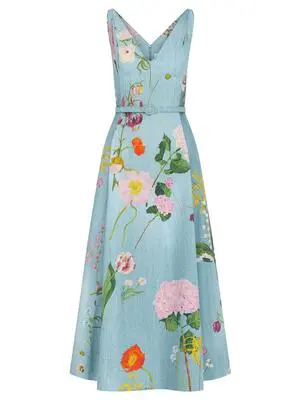 Oscar De La Renta Mixed Botanical Cotton Poplin V-neck Dress - Blue