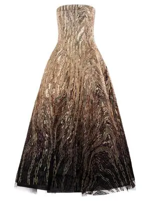 OSCAR DE LA RENTA Oscar De La Renta Strapless Beaded Sequin Moir Tea Length Gown