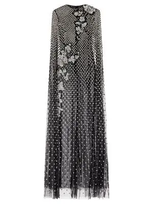 Oscar De La Renta Crystal Grid Floral Embroidered Kaftan - Silver