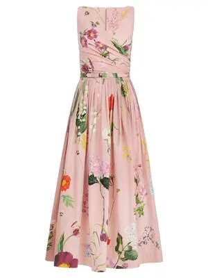 Oscar De La Renta Mixed Botanical Cotton Poplin Draped Midi Dress - Multi