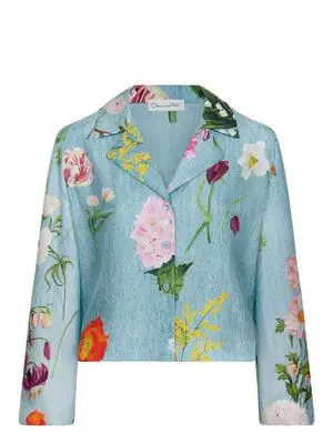 Oscar De La Renta Mixed Botanical Silk Twill Blouse - Blue