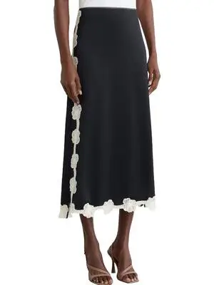 REISS Embroidered Floral Border Skirt - Navy