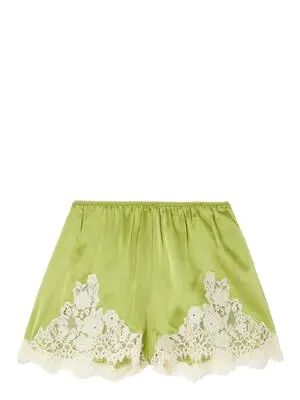DÔEN Iona Lace-Trimmed Silk-Satin Shorts Green