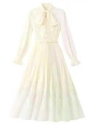 SELF-PORTRAIT Bow-detailed Pleated Midi Dress - Neutrals