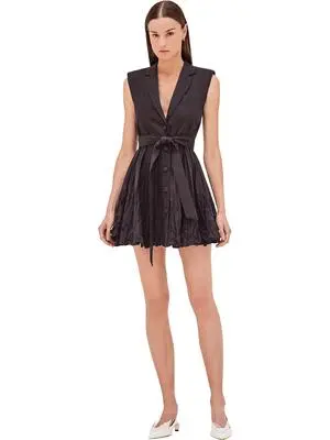 Alexis Cyrus Sleeveless V-neck Mini Dress With Belted Waist And Crinkled Skirt - Black