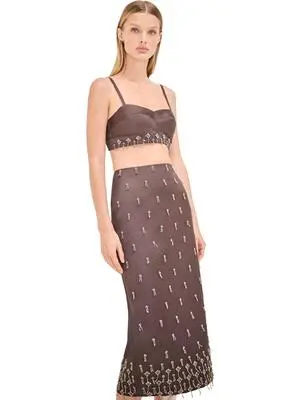 Alexis Luisa Embellished Fringe Skirt - Beaded Brown
