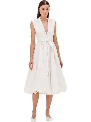 Alexis Sleeveless Midi Dress With Plunge Neckline And Crinkled Skirt - White