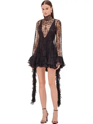 Alexis Aliya Lace Mini Dress With Ruffled Sleeves And Hem - Black