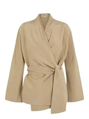 CORTANA Simona Linen-silk Wrap Jacket With Twist Detail - Khaki