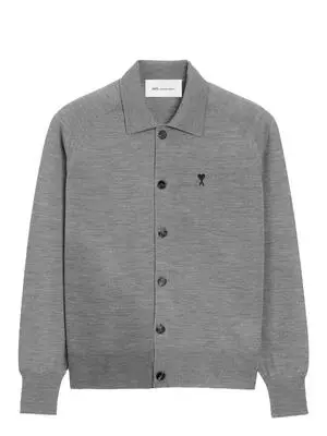 AMI Paris Wool Cardigan With De Coeur Embroidery - Grey