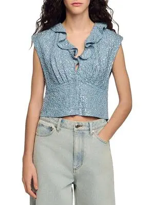 Sandro Sequin Embellished V-neck Cropped Top - Blue
