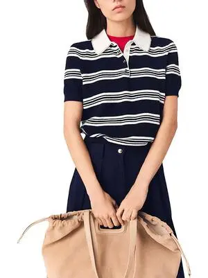 Maje Striped Rhinestone Collar Polo - Ecru/navy Blue