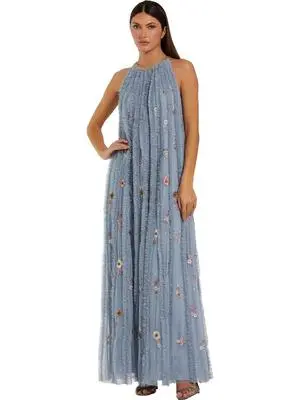 Mac Duggal Ruffled Trapeze Gown With Floral Embroidery - Blue Multi
