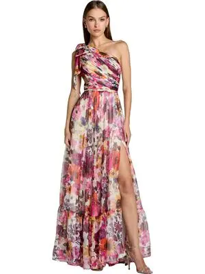 Mac Duggal Floral Printed Chiffon One-Shoulder Gown With Slit Multicolor
