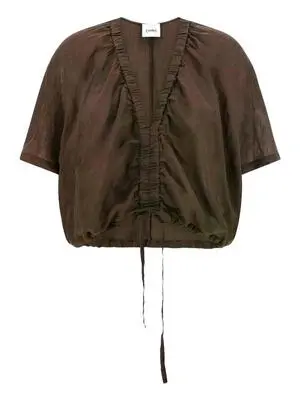 NUDE V-neck Drawstring Blouse - Brown