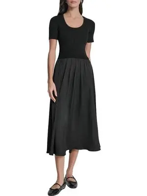Dkny Mixed Media Short Sleeve Dress - Black