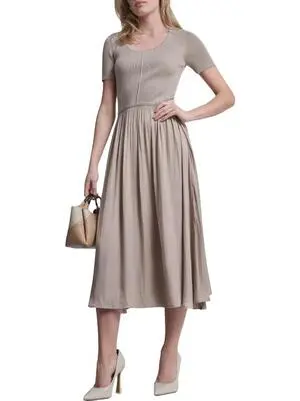 Dkny Mixed Media Short Sleeve Dress - Pebble