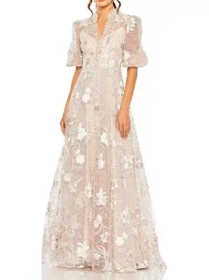 Mac Duggal Queen Anne Puff Sleeve Gown - Blush