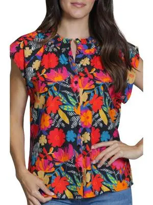 APNY Print Ruffle Neck Top - Red Multi