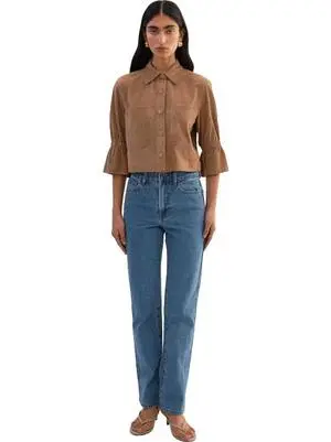 LAMARQUE Suede Ruffle Sleeve Shirt Jacket - Latte