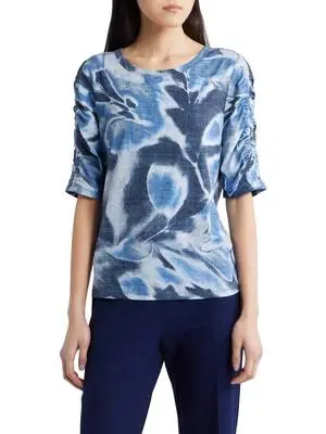 Anne Klein Printed Ruched Elbow Sleeve Top - Distant Mountain Multi