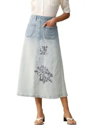 BAYEAS Caius Denim Skirt With Faux Pearl And Embroidery - Light Blue