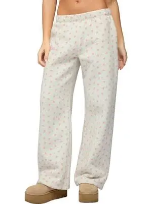 EDIKTED Floral Print Wide-leg Sweatpants - Light-gray-melange