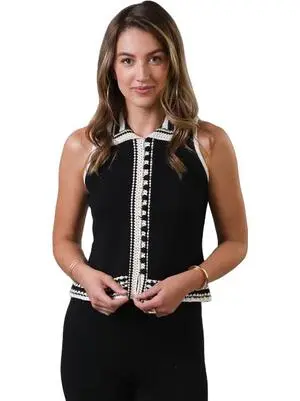 Central Park West Crochet Edge Collared Top - Black