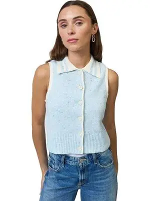 Central Park West Celeste Tweed Yarn Collared Top Blue